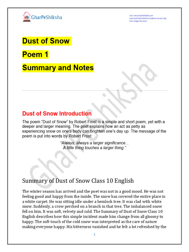 Dust of Snow Notes Class 10 | PDF | Happiness