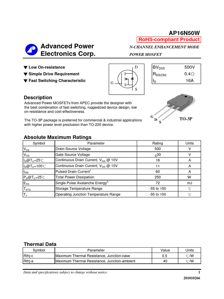 Advanced Power Electronics Corp.: AP16N50W | PDF | Field Effect ...