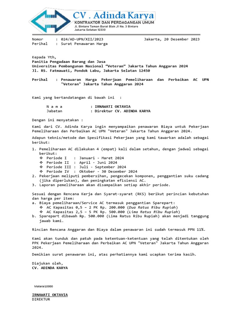 PENAWARAN Pemeliharaan AC 2024 | PDF