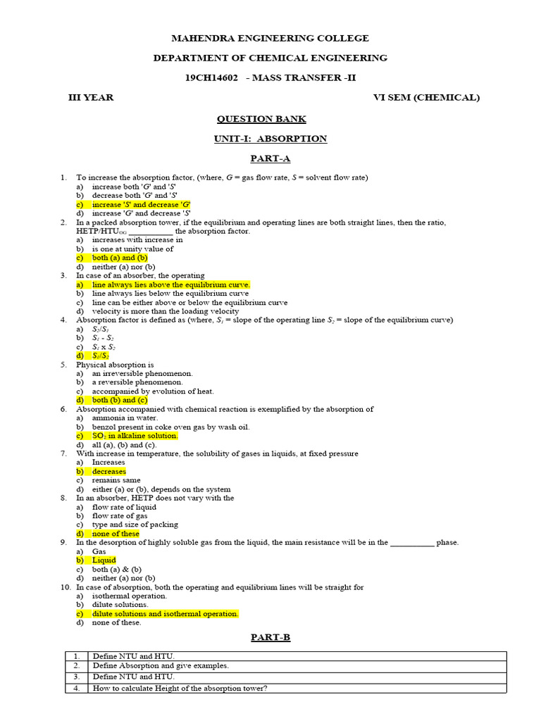 Question bank-MASS TRANSFER-II MEC | PDF | Distillation | Process Engineering