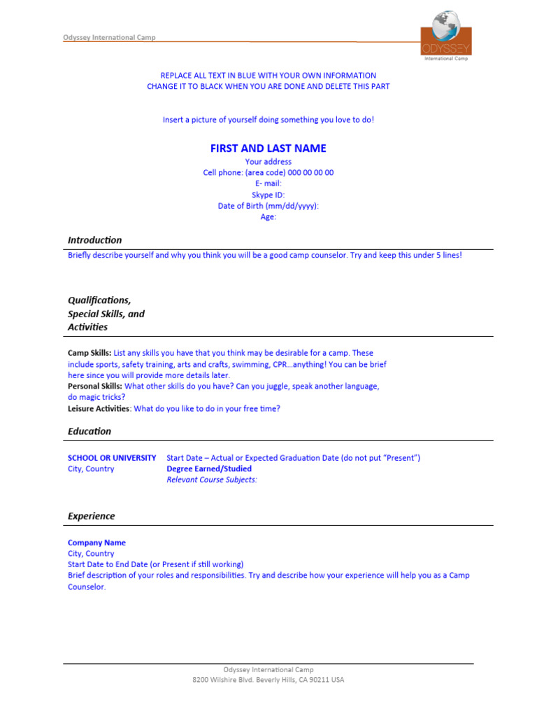 Odyssey Camp Resume Template | PDF