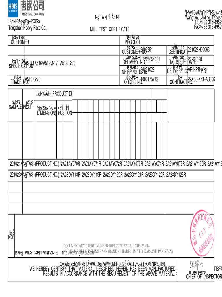 Mill Test Certificate: 唐山中厚板材有限公司 Tangshan Heavy Plate Co., | PDF ...