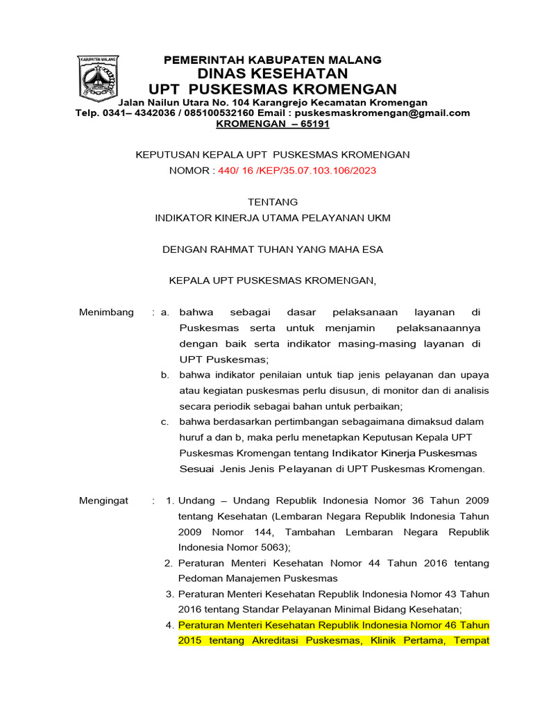 Revisi SK Indikator Kinerja Pelayanan UKM | PDF