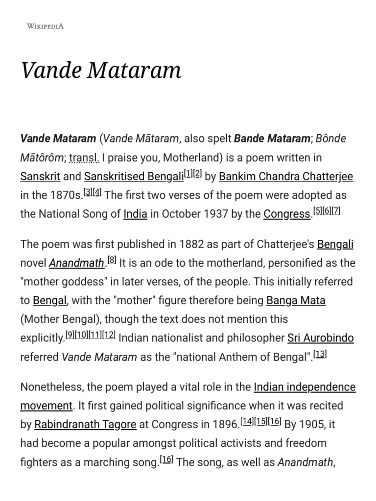 Vande Mataram - Wikipedia | PDF | South Asia