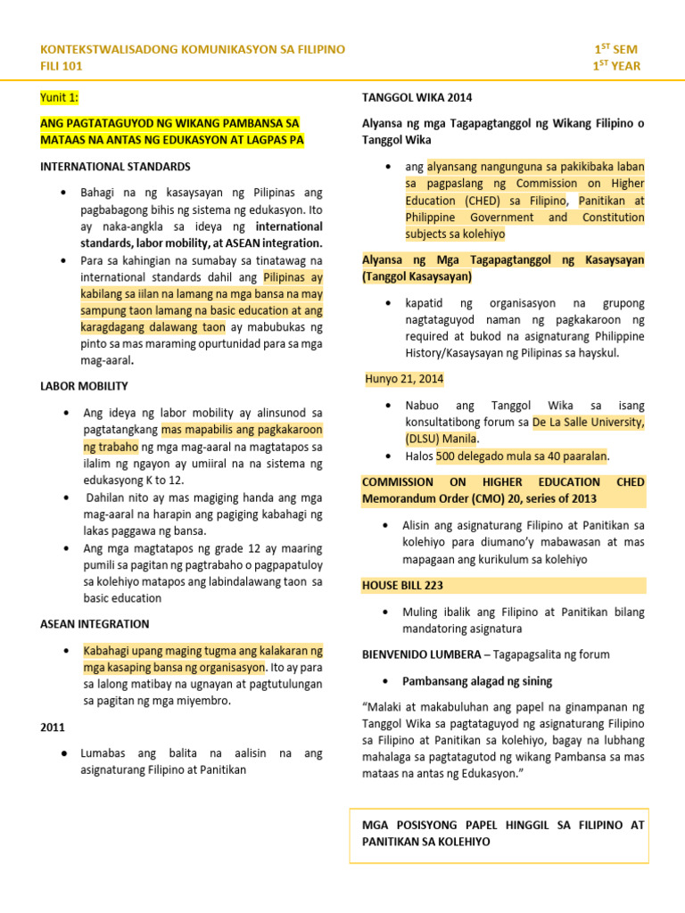 Fili 101 Reviewer | PDF