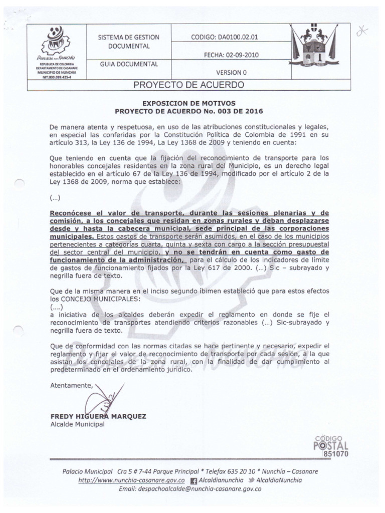 Proyecto de Acuerdo #003 de 2016 | PDF