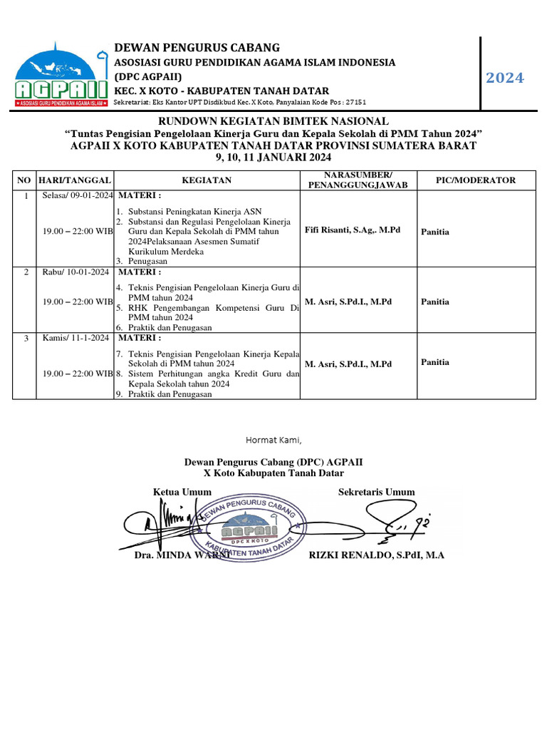 Rundown Bimtek Nasional Ekin 2024 | PDF