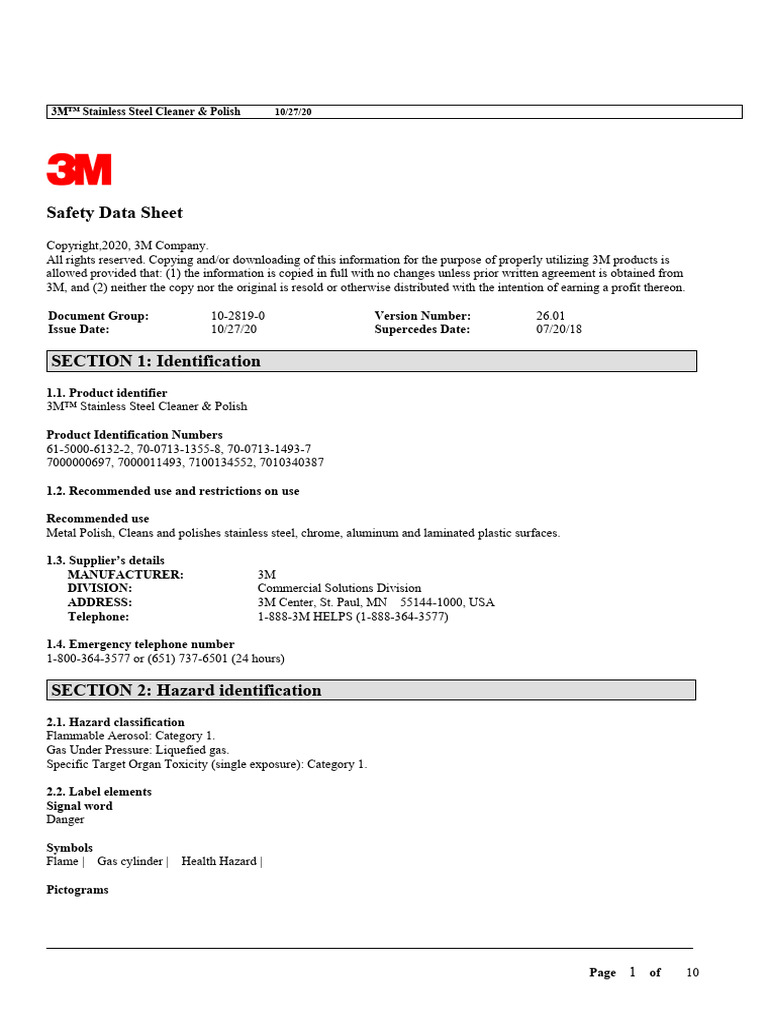 MSDS - 3M SS Clean & Polish | Download Free PDF | Toxicity | Dangerous Goods