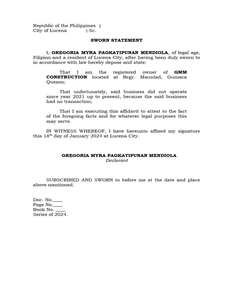 Affidavit of Non-Operation of Business | PDF | Affidavit | Legal ...
