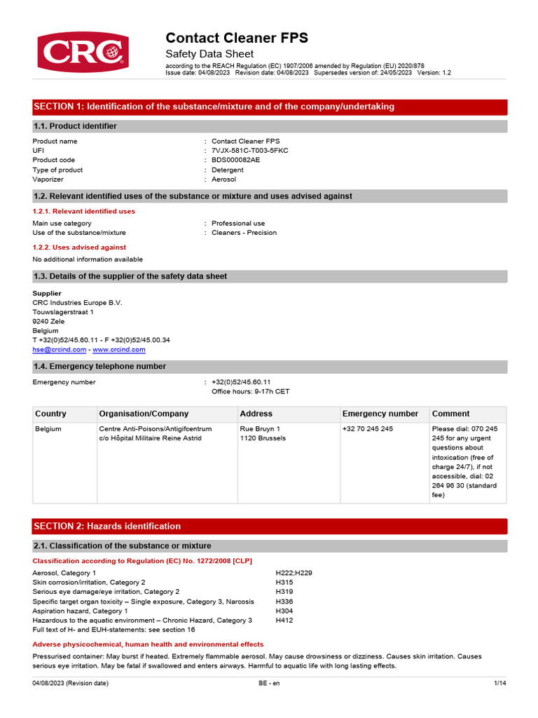 MSDS - Contact Cleaner | PDF | Workplace | Chemistry