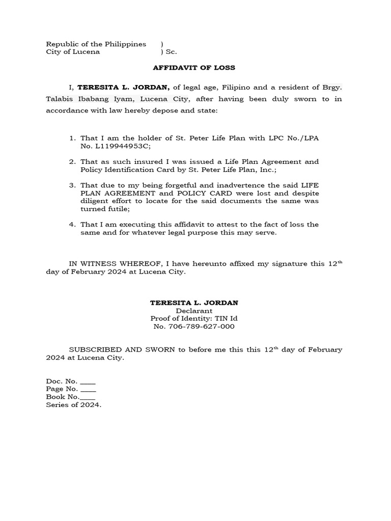 Affidavit of Loss Examples in Lucena | PDF | Identity Document | Affidavit