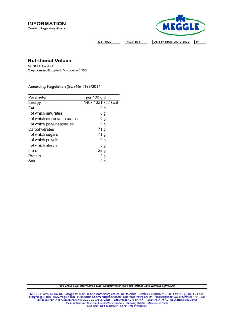 Nutritional Values - MicroceLac 100 | PDF