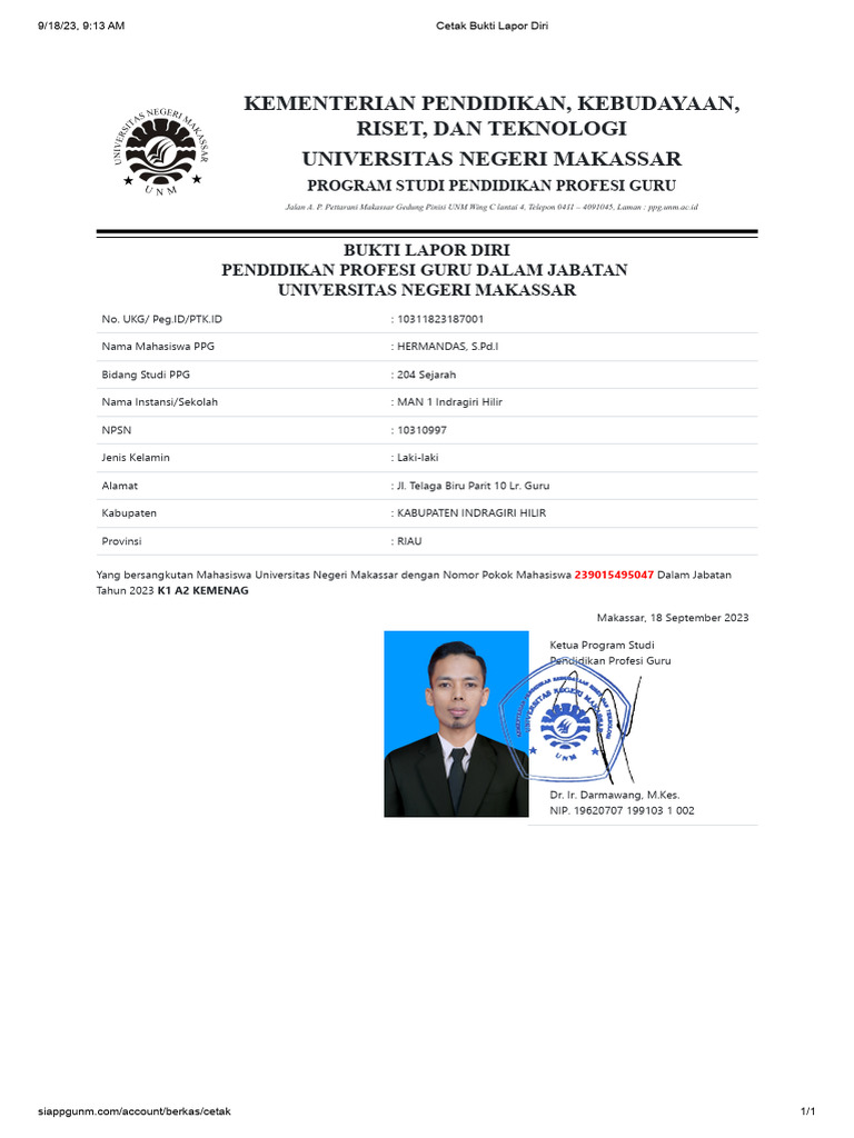 Bukti Lapor Diri PPG UNM 2023 | PDF