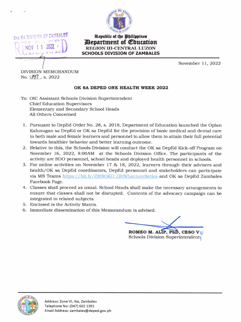 DM No. 397, s. 2022 - OK sa DepEd One Health Week 2022 | PDF