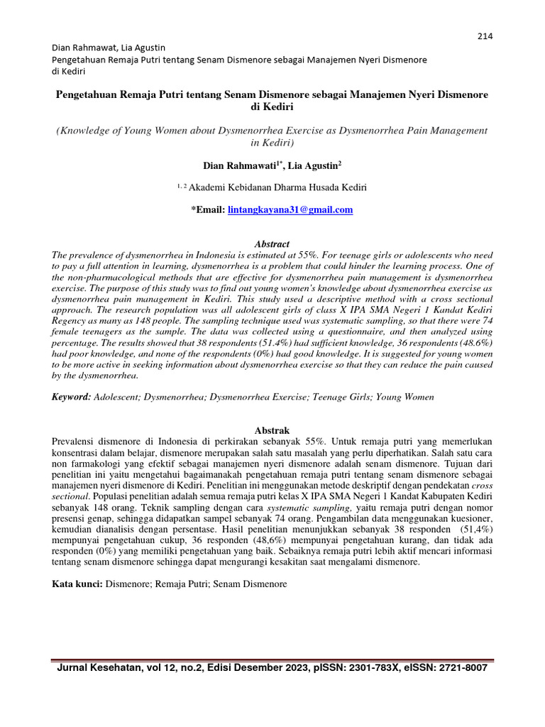 Knowledge of Dysmenorrhea Exercise in Teens | PDF | Puberty | Cognition