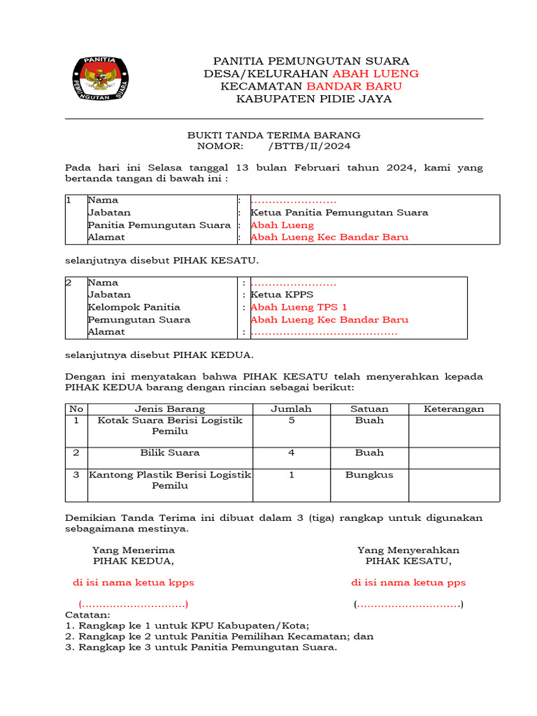 Contoh BTTB Logistik Dari Pps Untuk Kpps - Nana | PDF