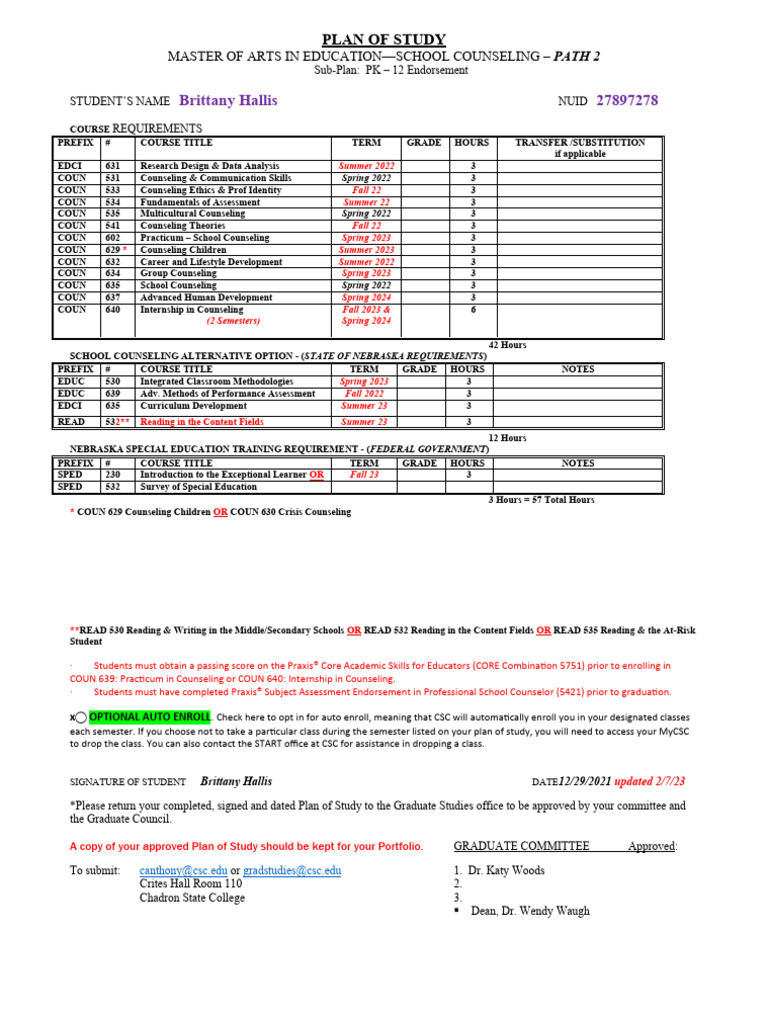 Hallisbrittany Plan of Study Draft 5 | PDF | School Counselor | Behavior Modification