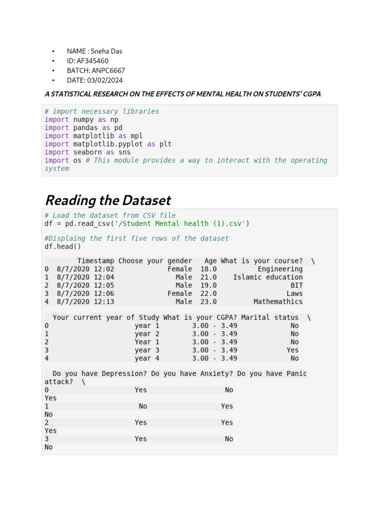 Python Project (Mental Health On CGPA) SnehaDas AF0345460 | PDF ...