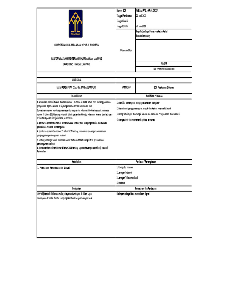 SOP Pelaksanaan Emonev | PDF