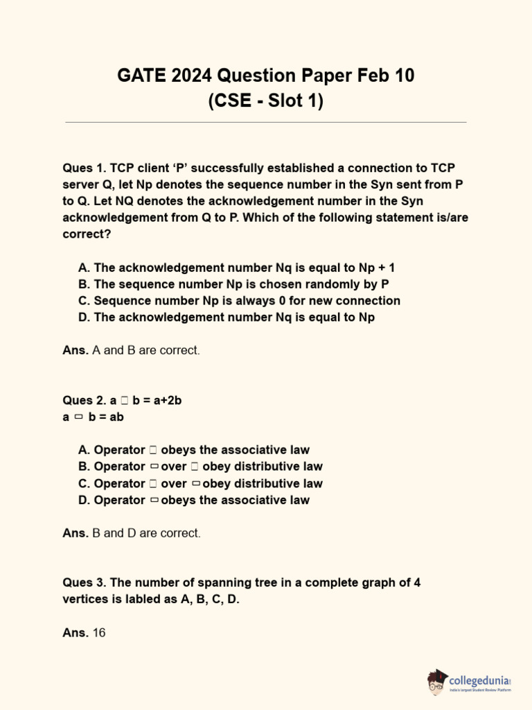 GATE 2024 CSE Slot 1 Question Paper Feb 10 | PDF | Transmission Control ...
