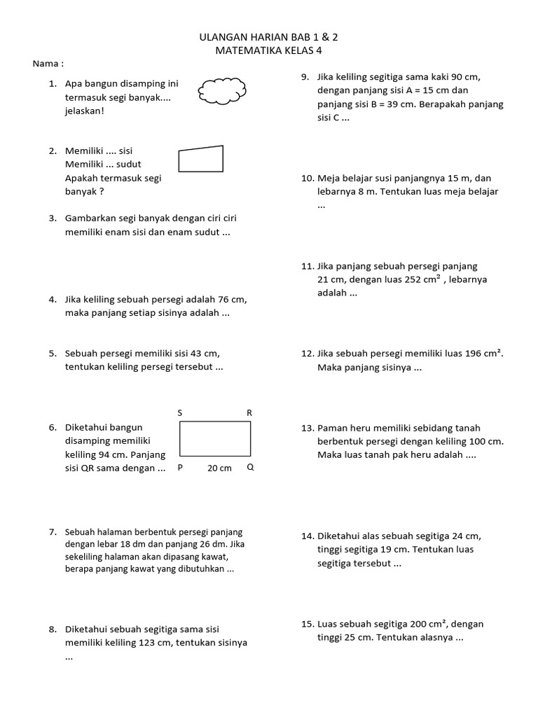 Soal MTK Kelas 4 Segi Banyak Dan Luas Persegi | PDF
