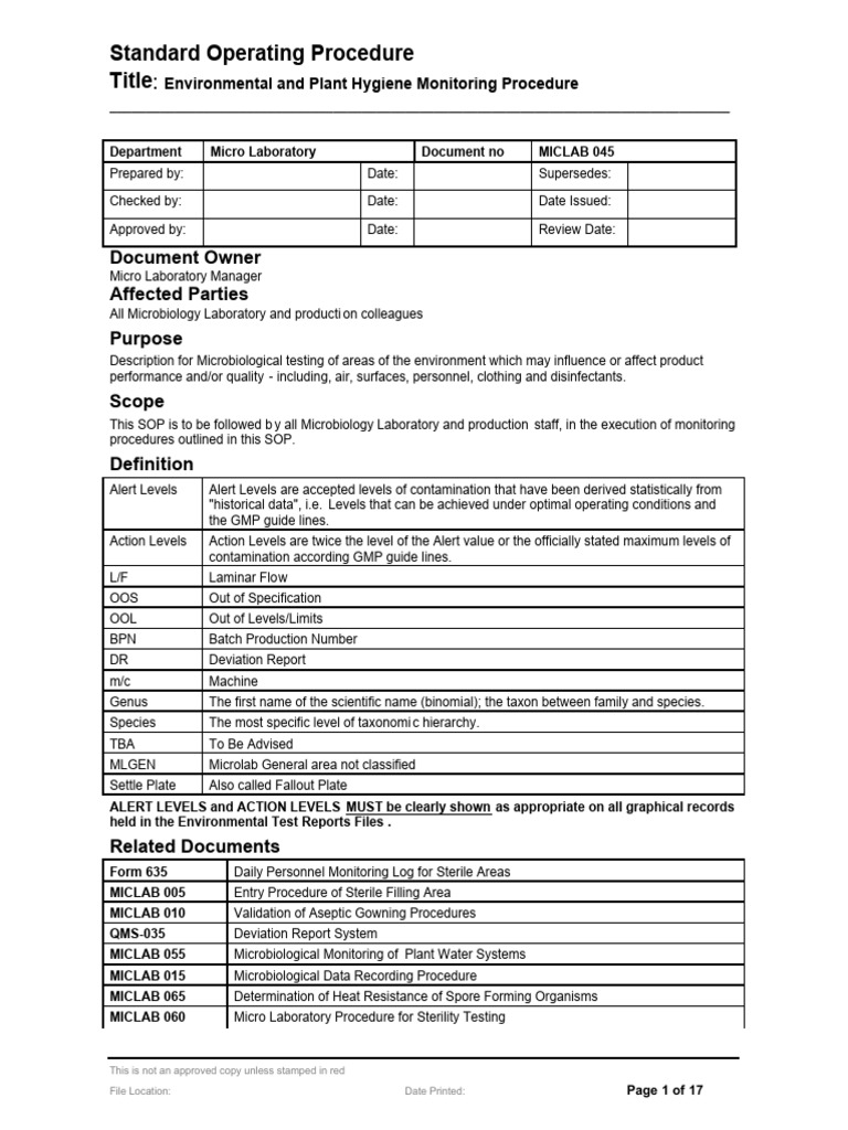 Environmental and Plant Hygiene Monitoring Procedure | PDF ...