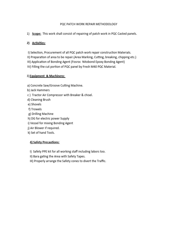 PQC Panel Patch Repair Methodology | PDF | Concrete | Road Surface