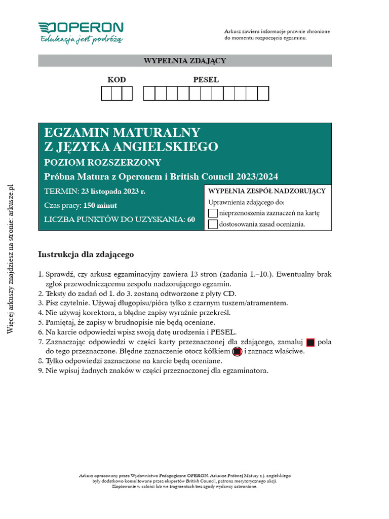 Jezyk Angielski 2023 Operon Probna Rozszerzona | PDF