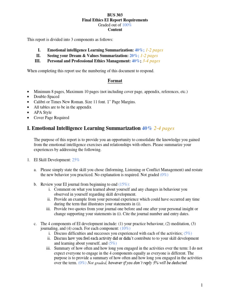 I. Emotional Intelligence Learning Summarization: BUS 303 Final Ethics EI Report Requirements ...