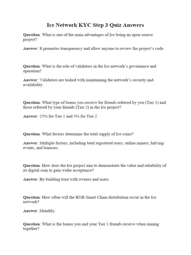 Ice Network KYC Step 3 Quiz Answers | Download Free PDF ...