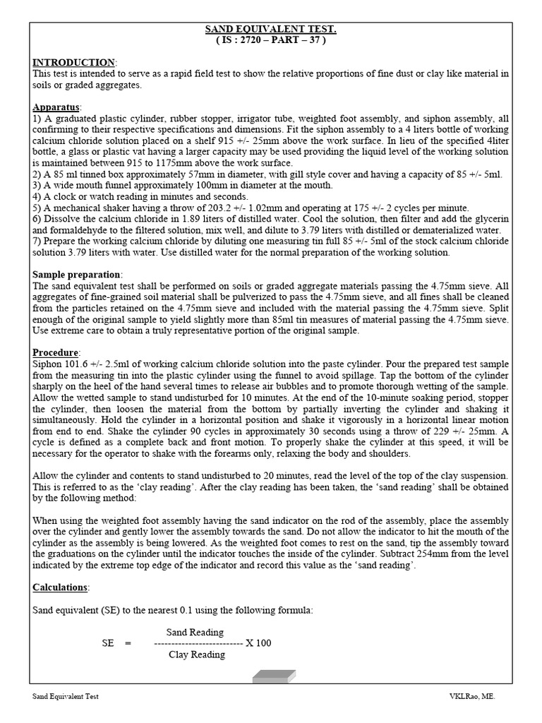 Sand Equivalent Test | PDF | Water | Litre