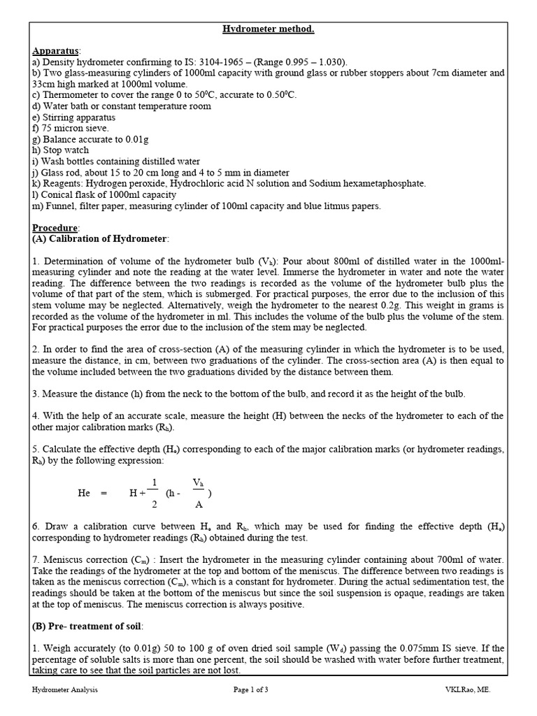Hydrometer Analysis | PDF | Water | Volume