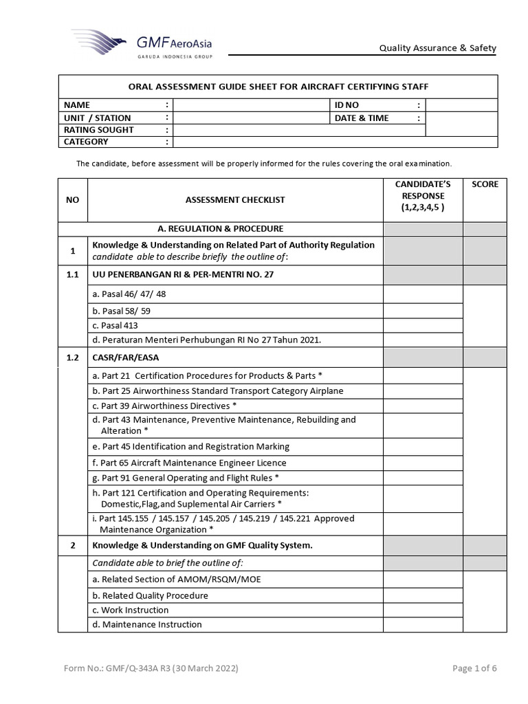 Oral Assessment Guide for Certifying Staff | PDF | Transport | Aviation