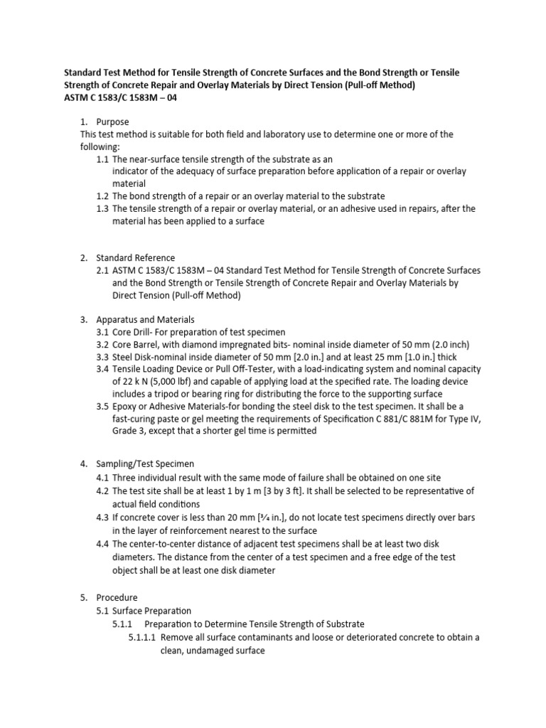 Standard Test Method For Tensile Strength of Concrete Surfaces and The ...
