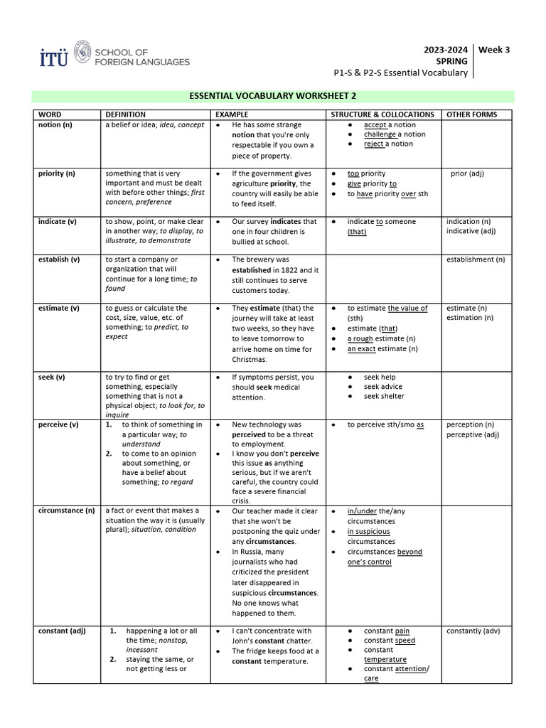 P1-S - P2-S Essential Vocabulary Worksheet 2 | PDF | Vocabulary ...