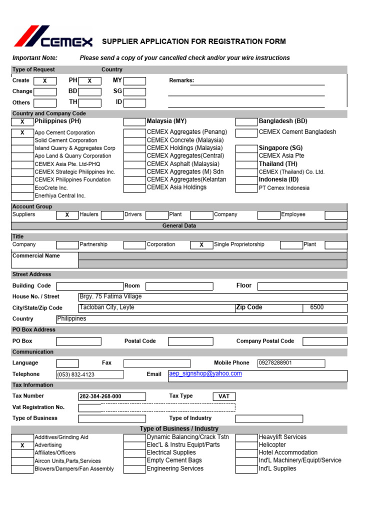 CEMEX-Supplier Accreditation Form | PDF | Cheque