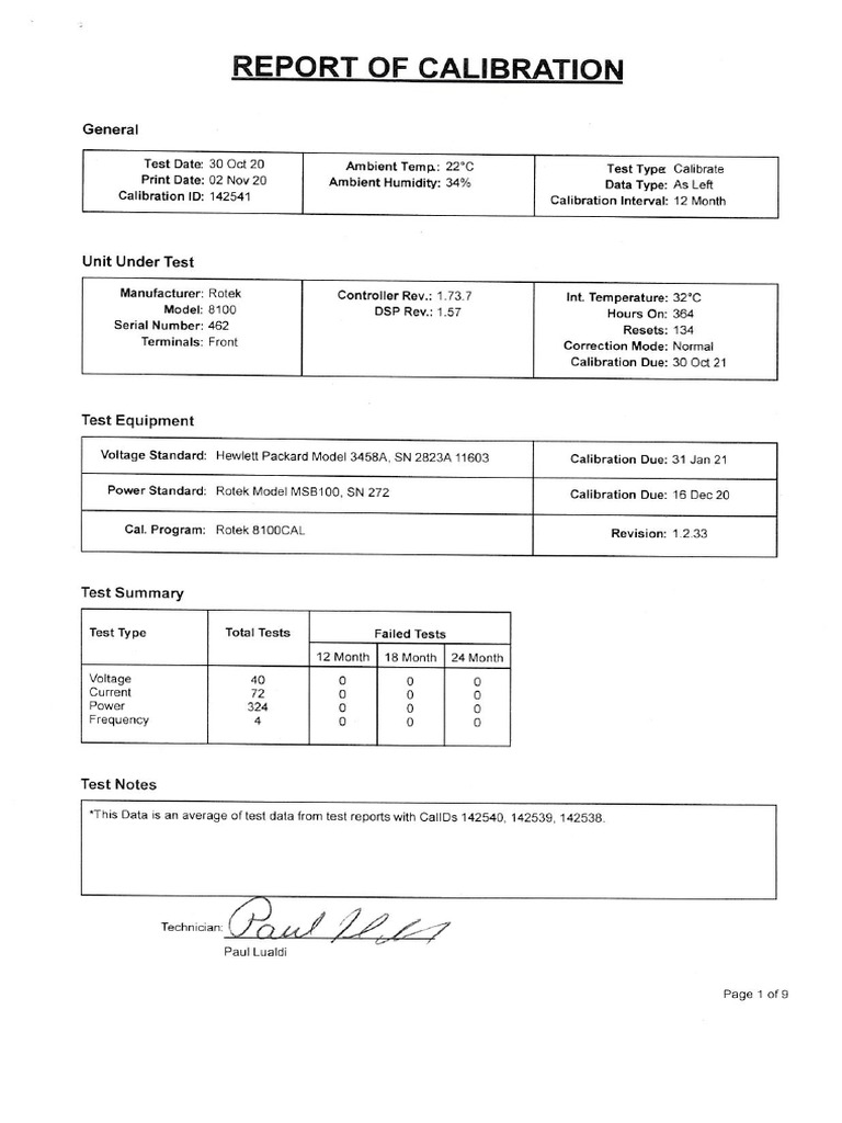 Rotek 8100 Report of Calibration | PDF