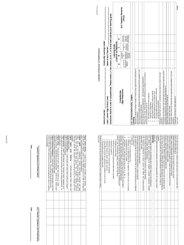 RPL Form 4 JHS Learners Checklist of Competencies Booklet | PDF | Spreadsheet | Internet