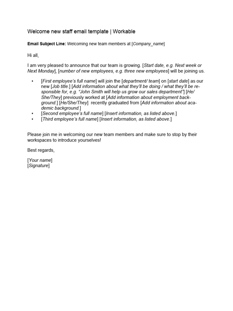 Welcome New Staff Email Template | PDF