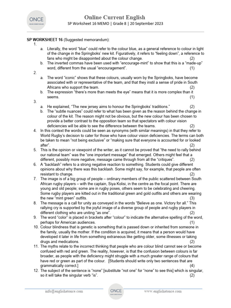 Once 2023 September 20 SP Worksheet 16 (GR 8) MEMO New Kit | PDF