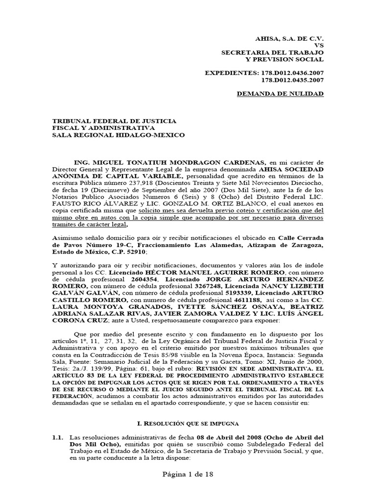 Demanda de Nulidad Tribunal STPS Ahisa | PDF | Multa (pena) | México