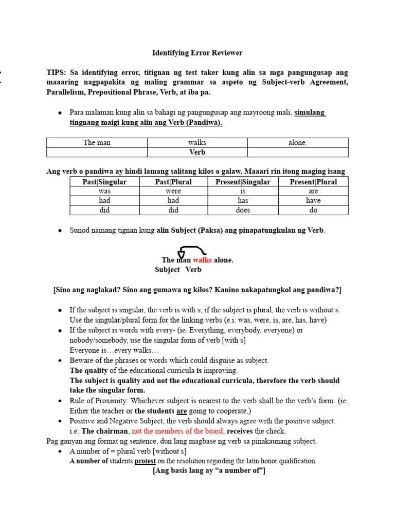 Identifying Error Reviewer | PDF | Verb | Grammatical Number