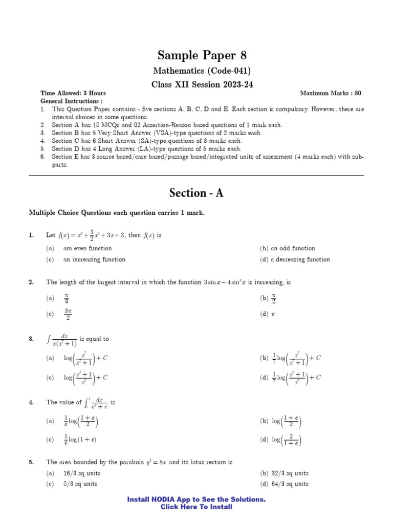 MA Sample Paper 8 Unsolved | PDF | Equations | Publishing