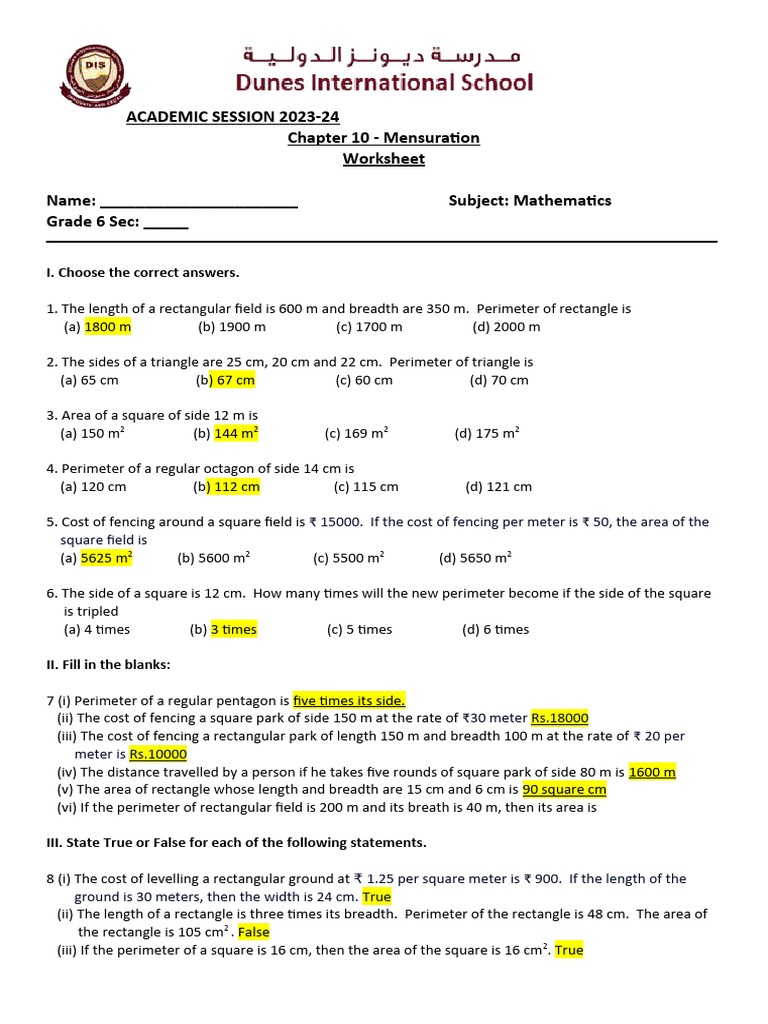 Mensuration Worksheet Answer Key | Download Free PDF | Length | Area