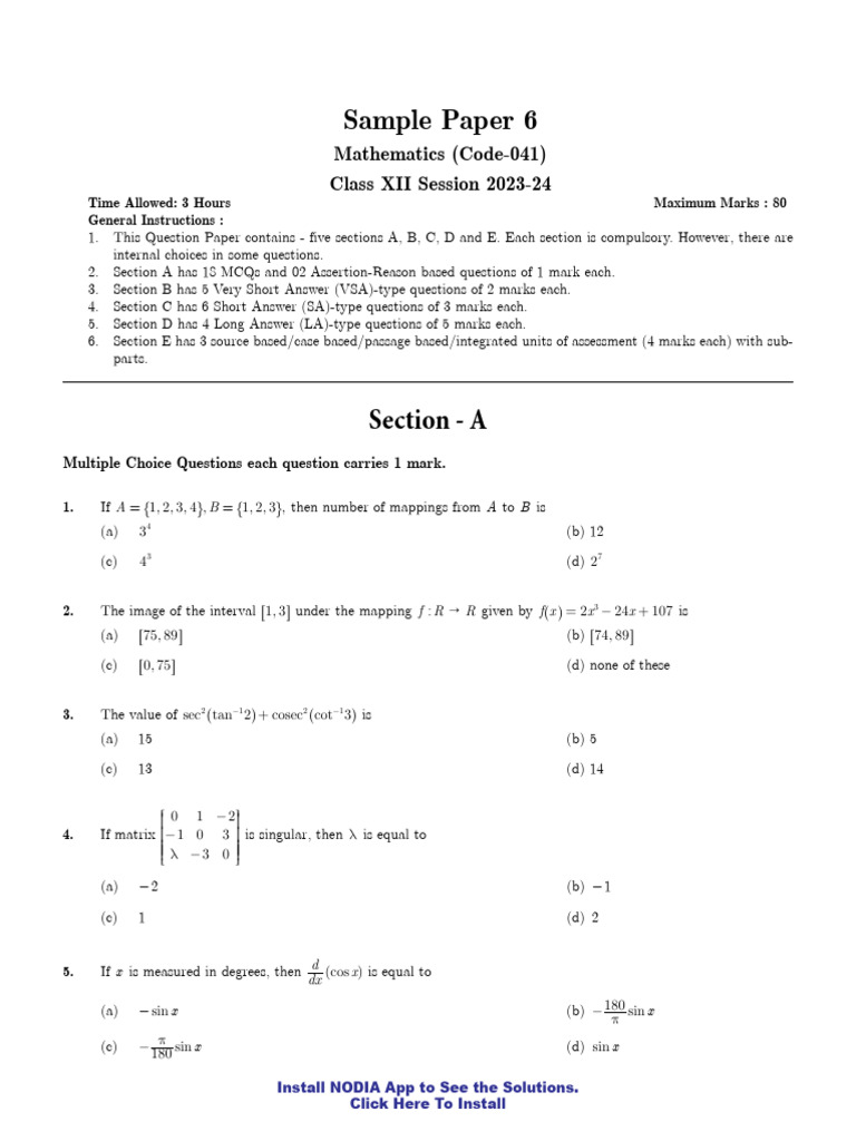 MA Sample Paper 6 Unsolved-1 | PDF | Matrix (Mathematics ...