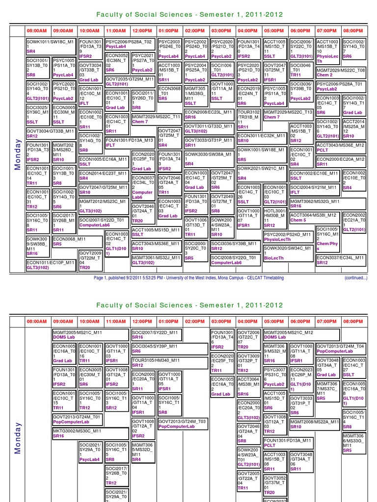 UWI Social Sciences Semester 1 Timetable | PDF | Science & Mathematics | Technology & Engineering