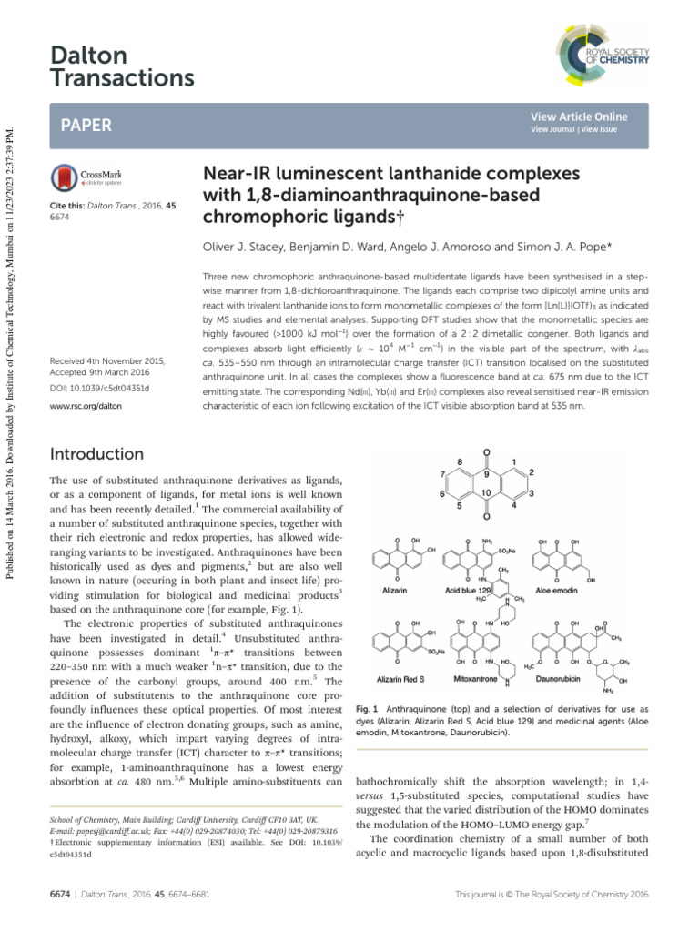 Dalton Transactions: Near-IR Luminescent Lanthanide Complexes With 1,8-Diaminoanthraquinone ...