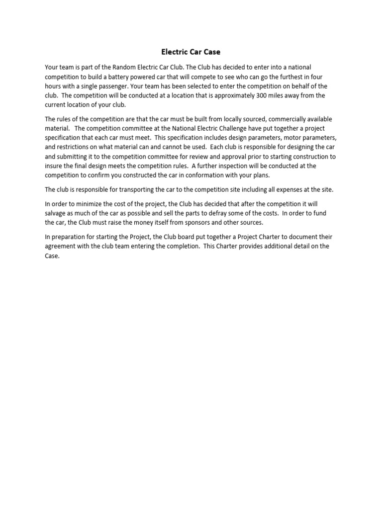 Electric Car Competition Project Charter | PDF | Car | Electric Car