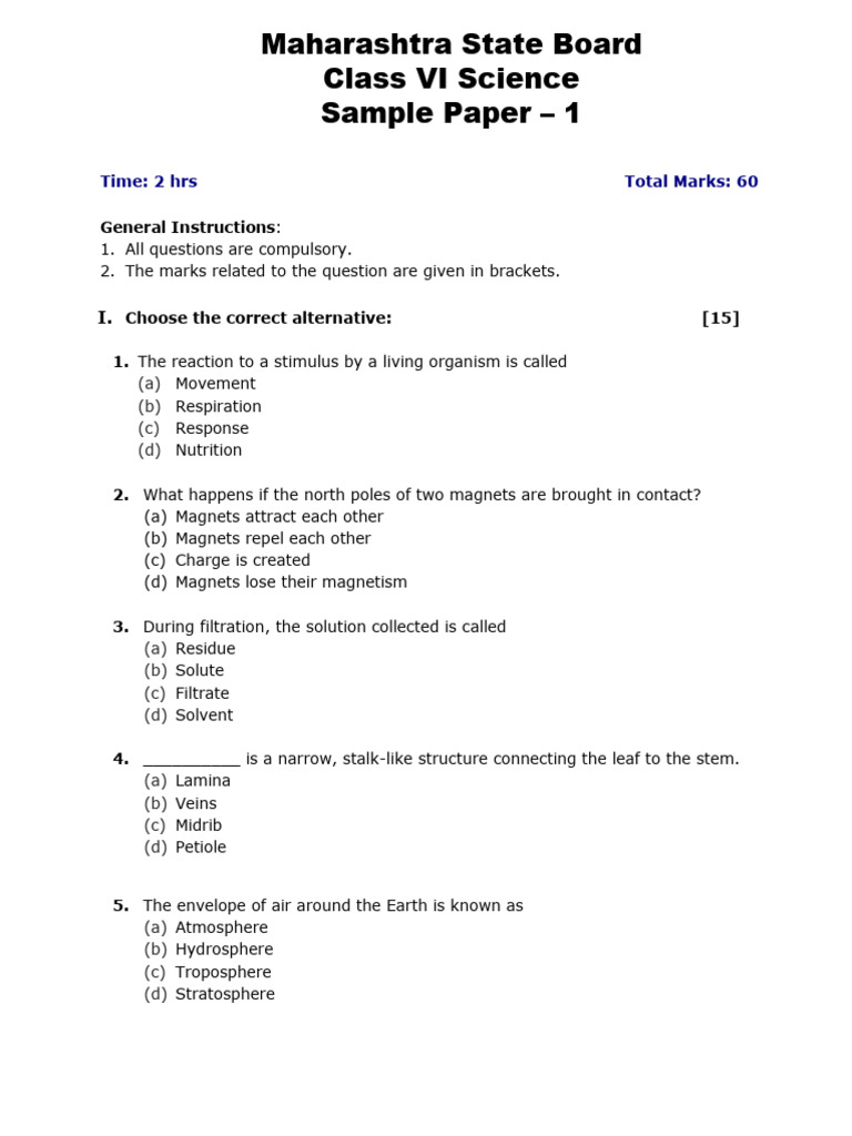 MSB Science Sample Class 6 1 | PDF | Leaf | Lever
