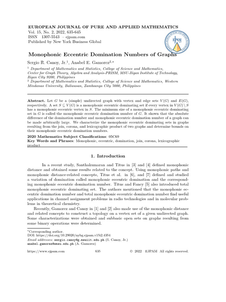 Monophonic Eccentric Domination Numbers of Graphs: Sergio R. Canoy, JR., Anabel E. Gamorez ...